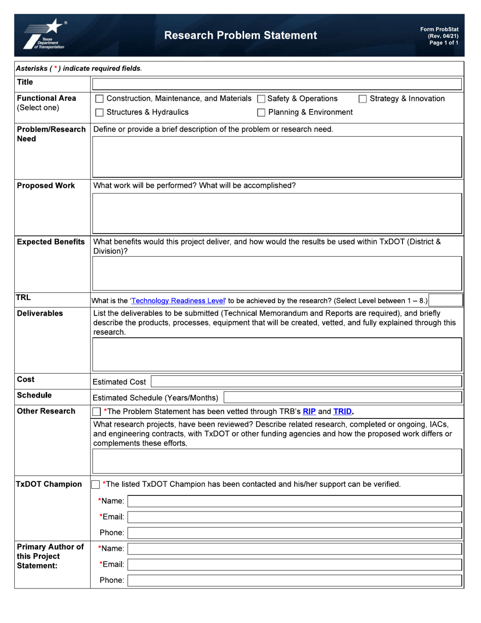 Form PROBSTAT Download Fillable PDF or Fill Online Research Problem ...