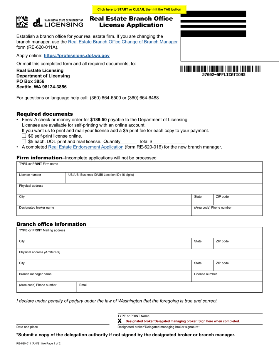 Form RE-620-011 Download Fillable PDF or Fill Online Real Estate Branch ...