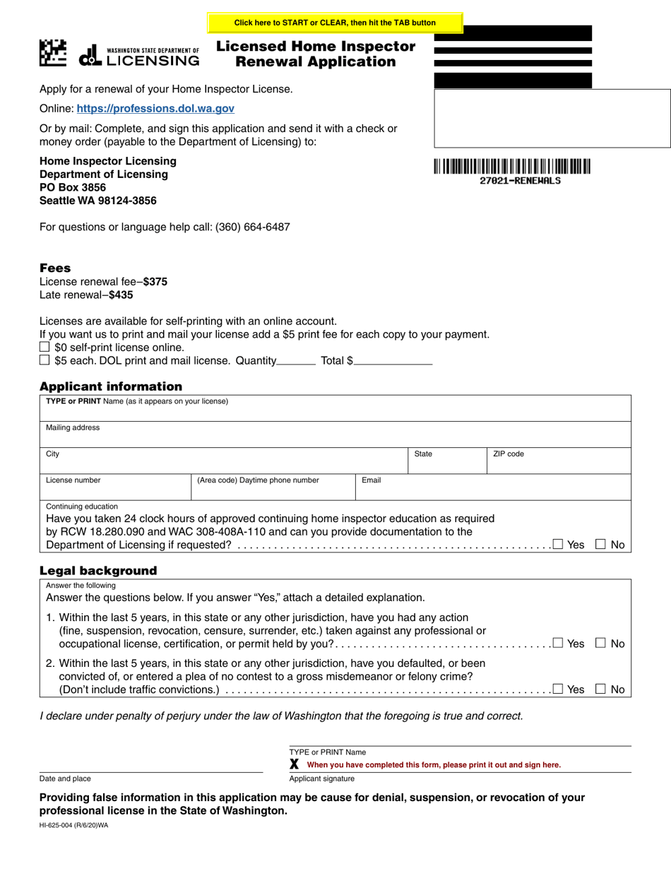 Form HI-625-004 Download Fillable PDF or Fill Online Licensed Home ...