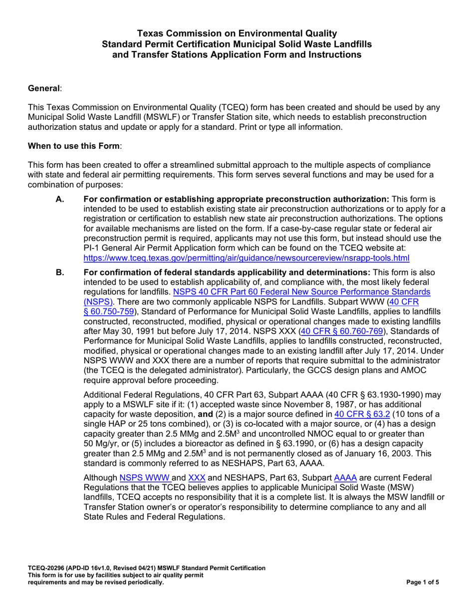 Form TCEQ-20296 Download Fillable PDF or Fill Online Standard Permit Certification Municipal ...