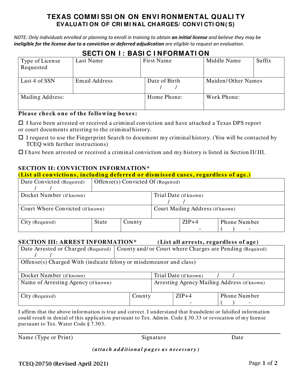 Form TCEQ-20750 Download Fillable PDF or Fill Online Evaluation of ...