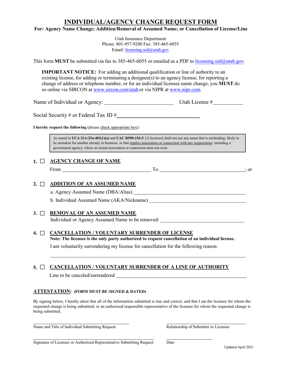 Utah Individual/Agency Change Request Form Download Fillable PDF 2016 ...