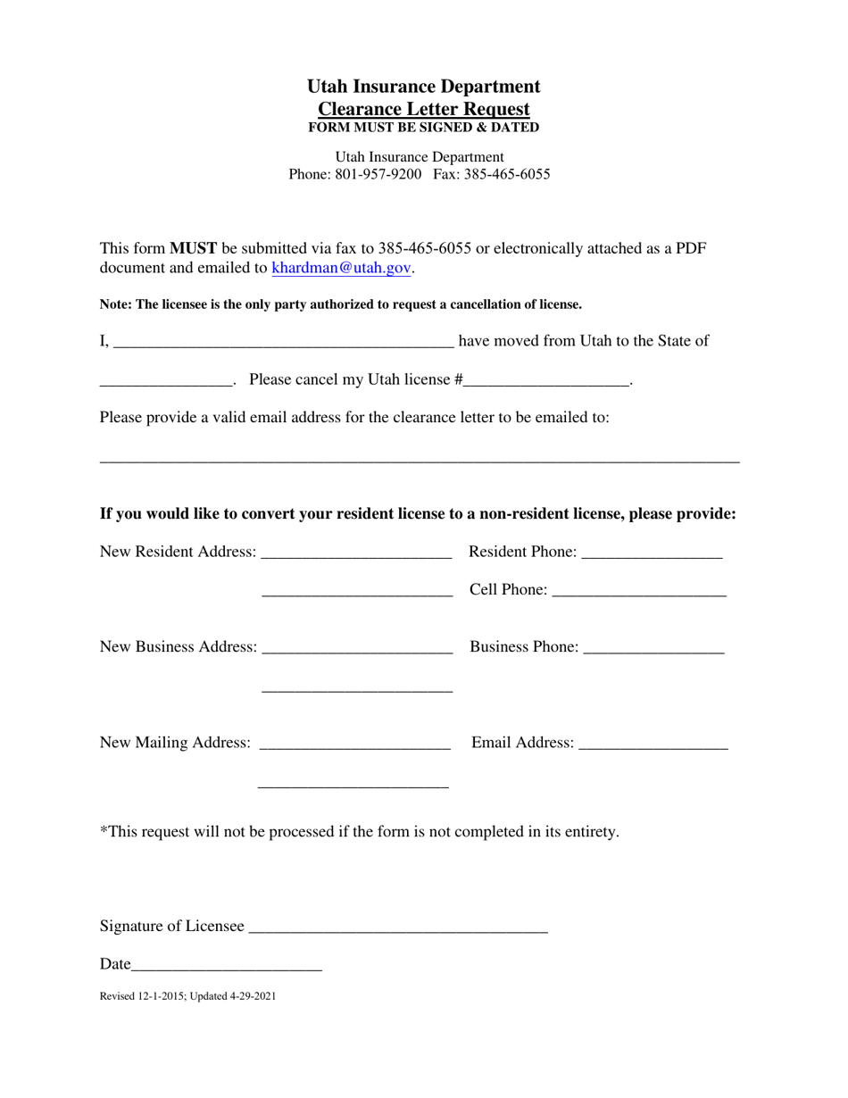 Utah Clearance Letter Request - Fill Out, Sign Online and Download PDF ...