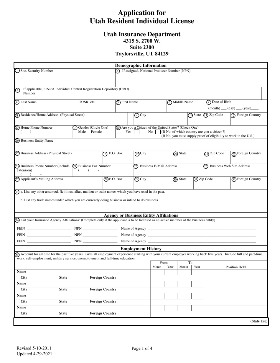 Utah Application for Utah Resident Individual License Download ...