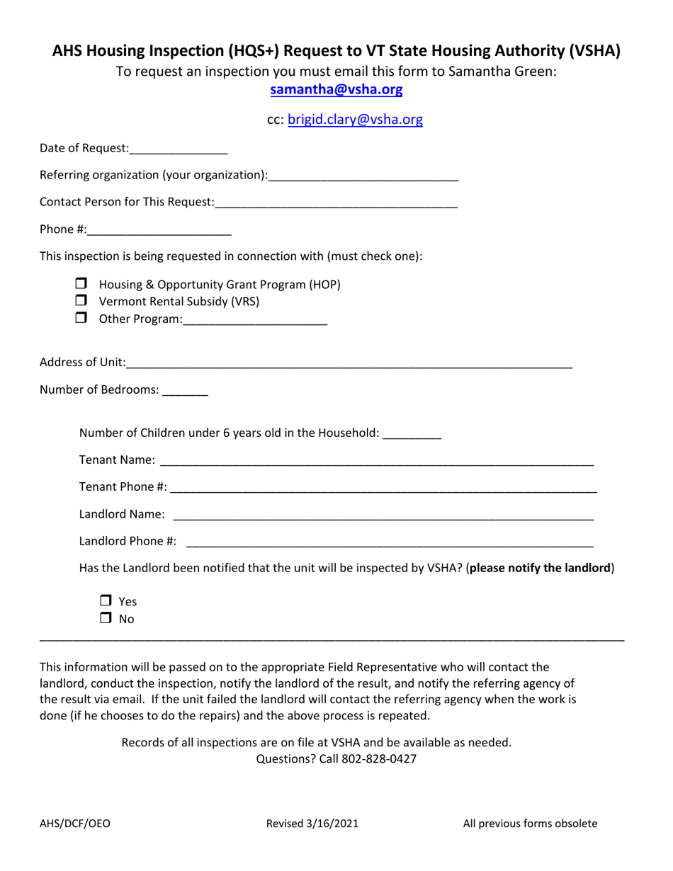Vermont Ahs Housing Inspection (Hqs+) Request to Vt State Housing ...