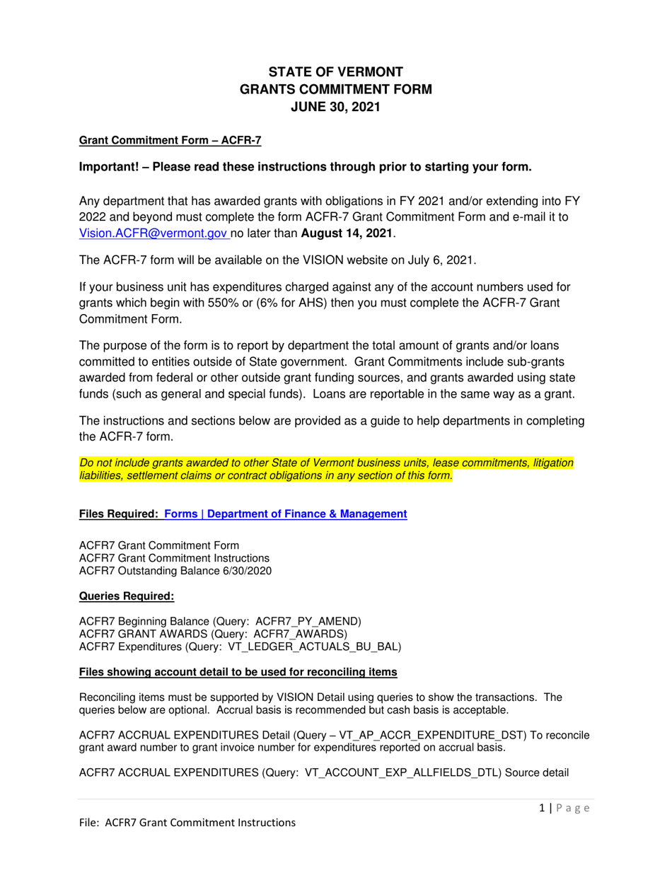 Download Instructions for Form ACFR-7 Grant Commitments PDF, 2021 ...