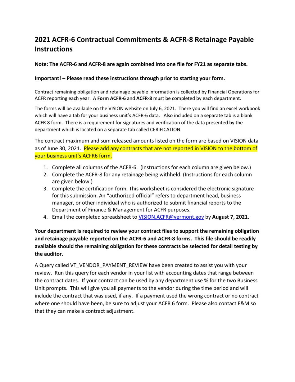 Download Instructions for Form ACFR-6, ACFR-8 PDF, 2021 | Templateroller