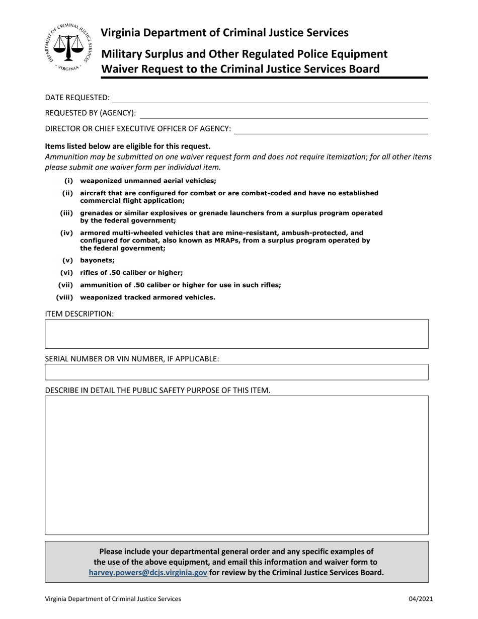 Virginia Military Surplus and Other Regulated Police Equipment Waiver ...