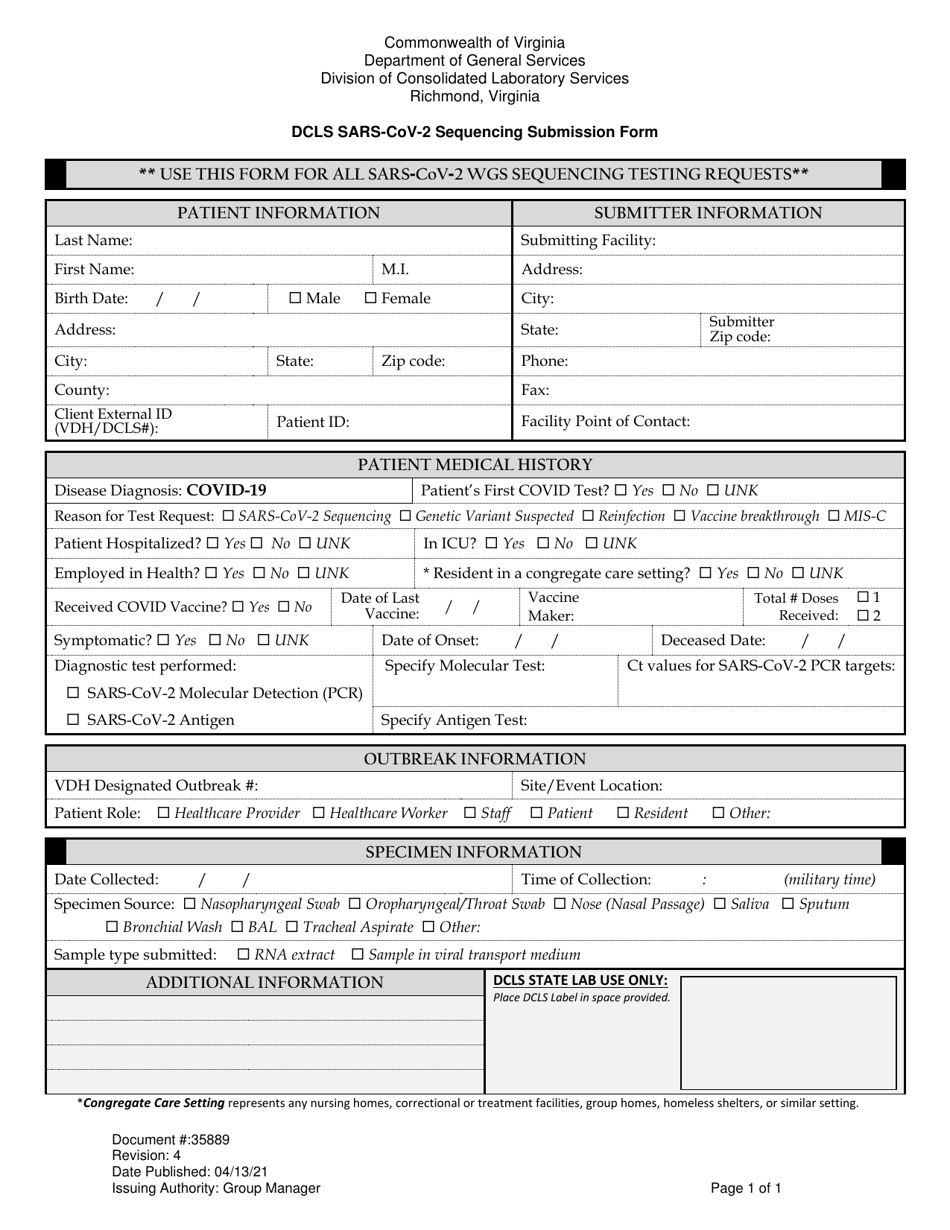 Form 35889 Download Fillable PDF or Fill Online Dcls Sars-Cov-2 ...