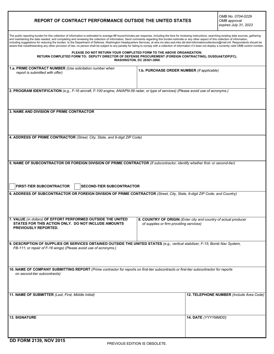 DD Form 2139 Download Fillable PDF or Fill Online Report of Contract ...