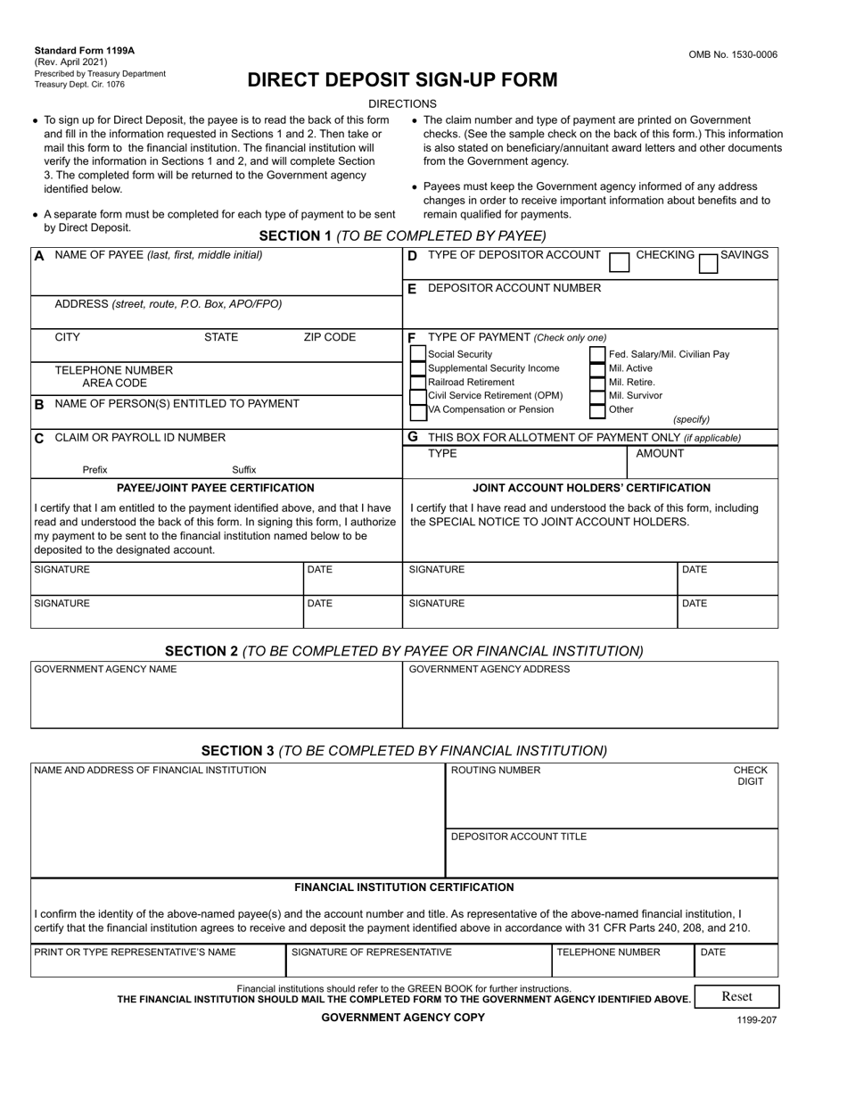 Form SF 1199A Download Fillable PDF Or Fill Online Direct Deposit Sign 