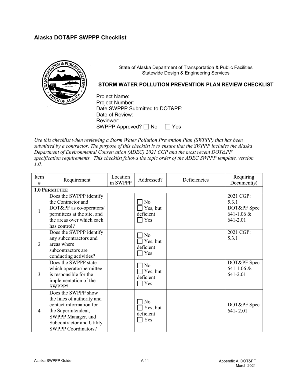 Alaska Storm Water Pollution Prevention Plan Review Checklist - Fill ...