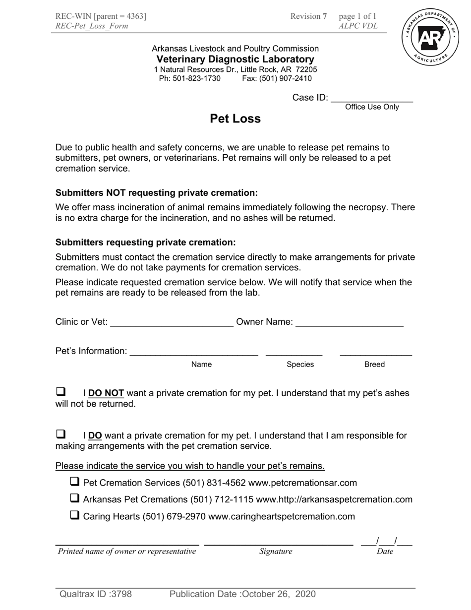 Arkansas Pet Loss Download Printable PDF | Templateroller