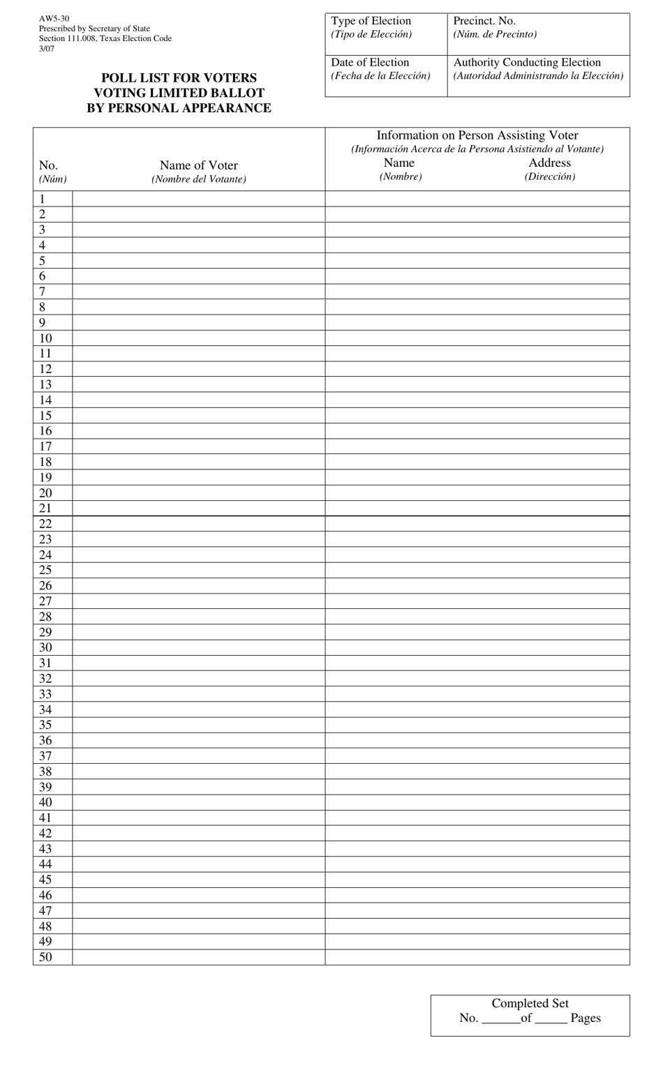 Form AW5-30 Download Printable PDF or Fill Online Poll List for Voters ...