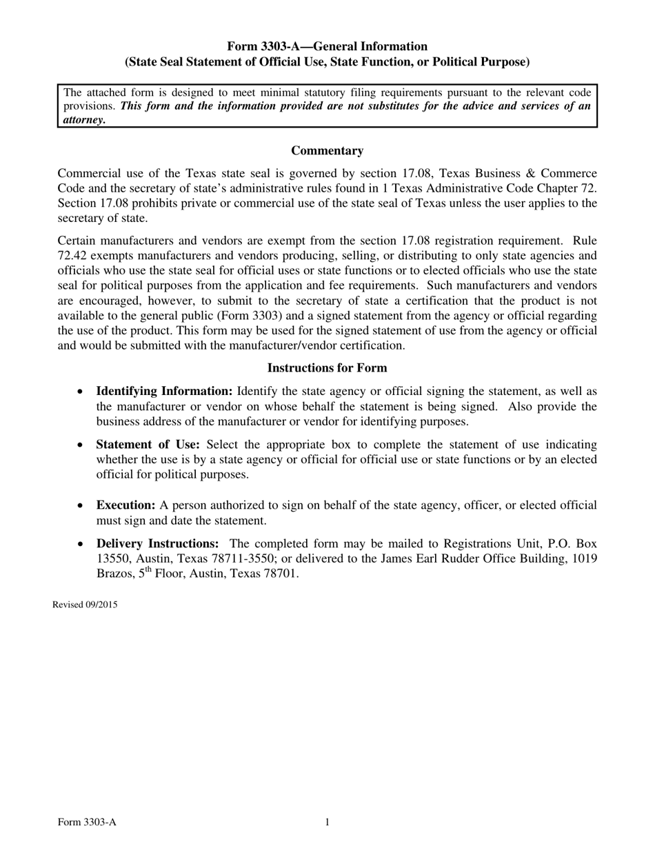 Form 3303-A - Fill Out, Sign Online and Download Fillable PDF, Texas ...