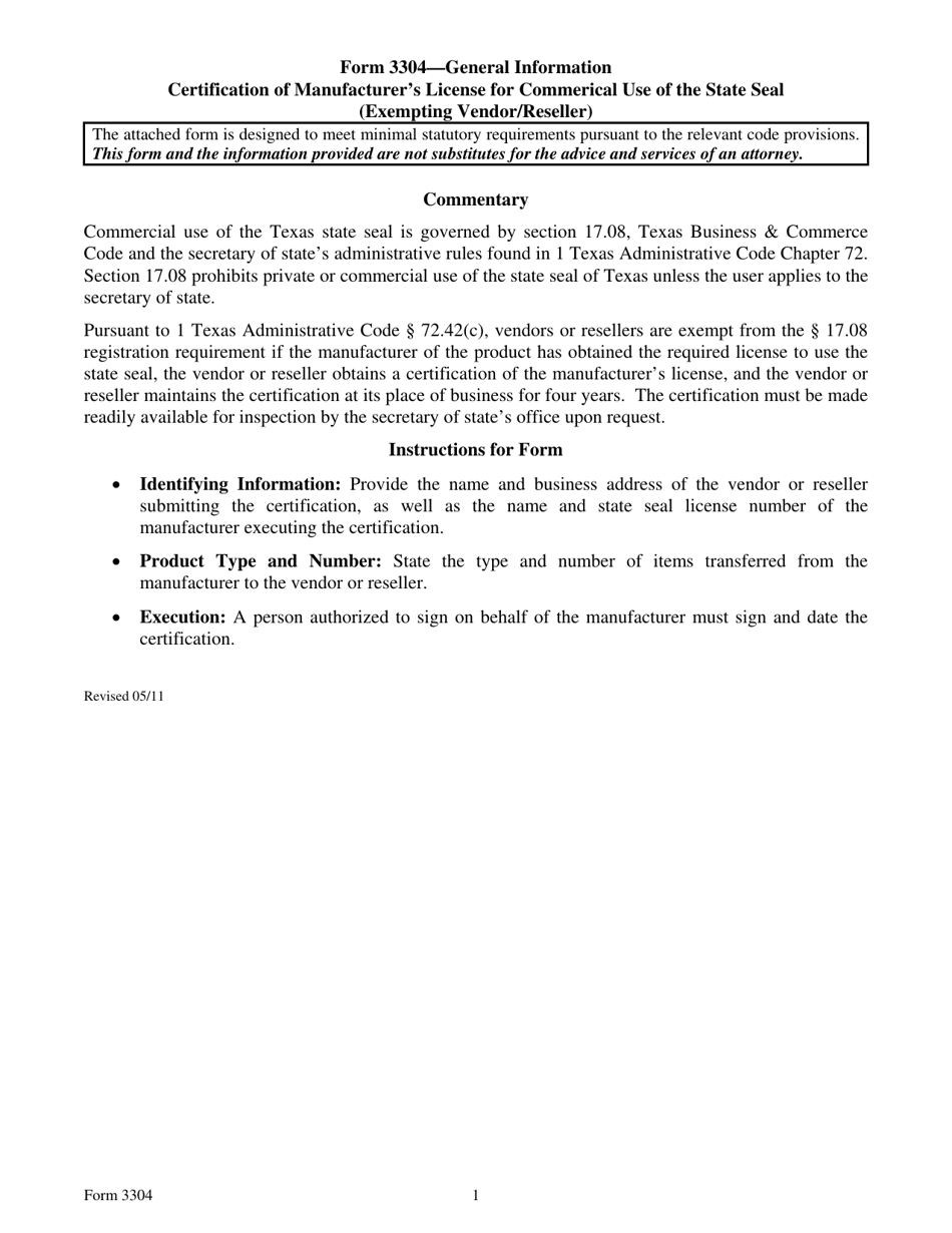 Form 3304 - Fill Out, Sign Online and Download Fillable PDF, Texas ...
