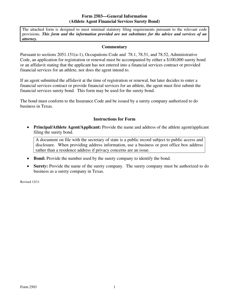 Form 2503 - Fill Out, Sign Online and Download Fillable PDF, Texas ...
