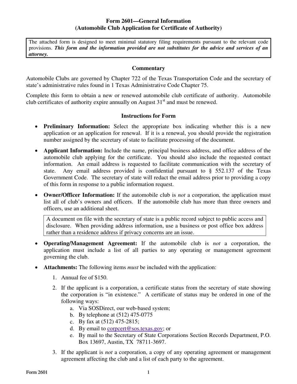 Form 2601 - Fill Out, Sign Online and Download Fillable PDF, Texas ...