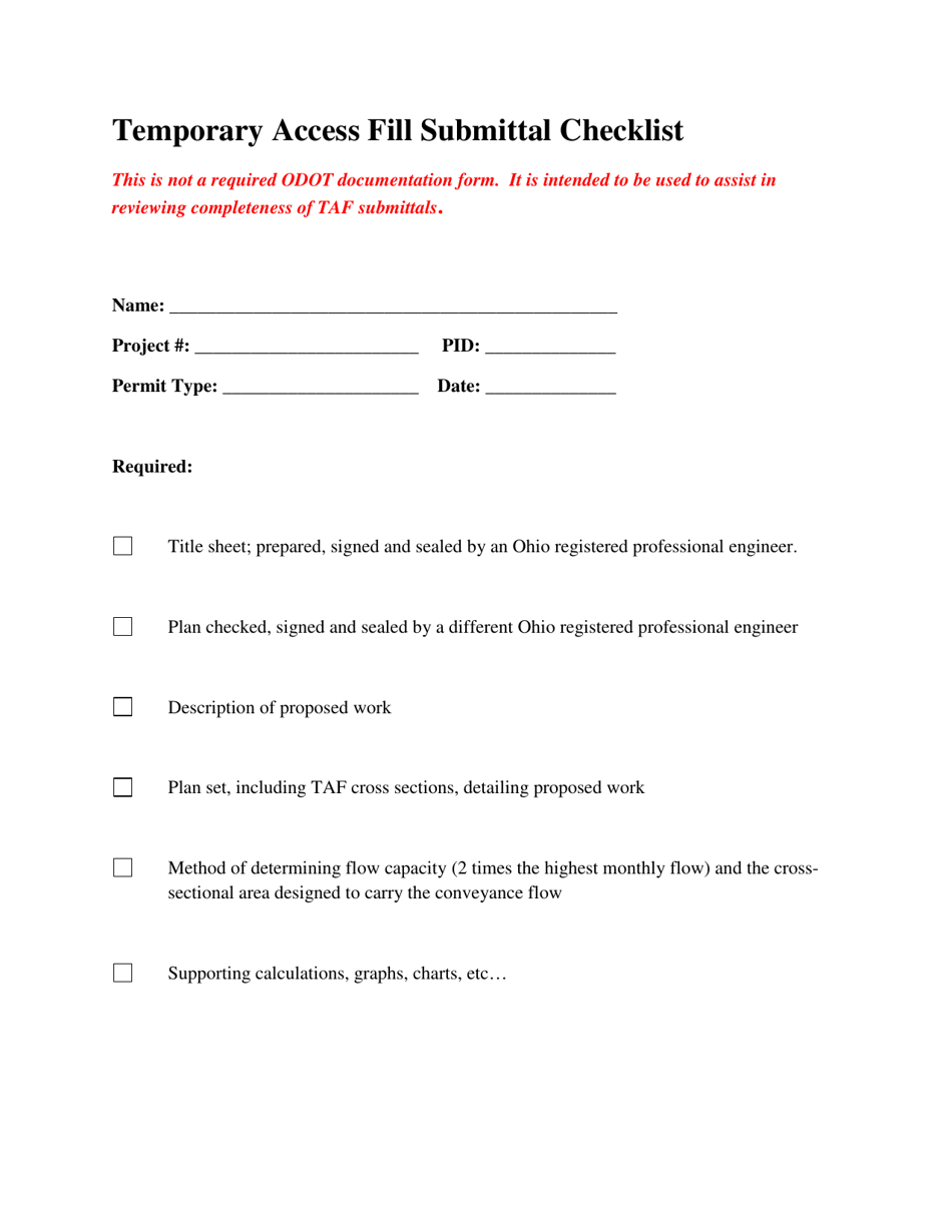 Ohio Temporary Access Fill Submittal Checklist - Fill Out, Sign Online ...