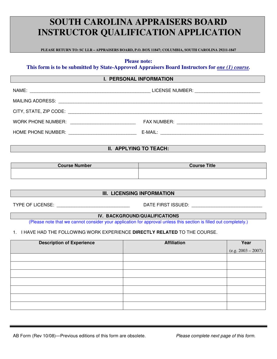 South Carolina Appraisers Board Instructor Qualification Application ...