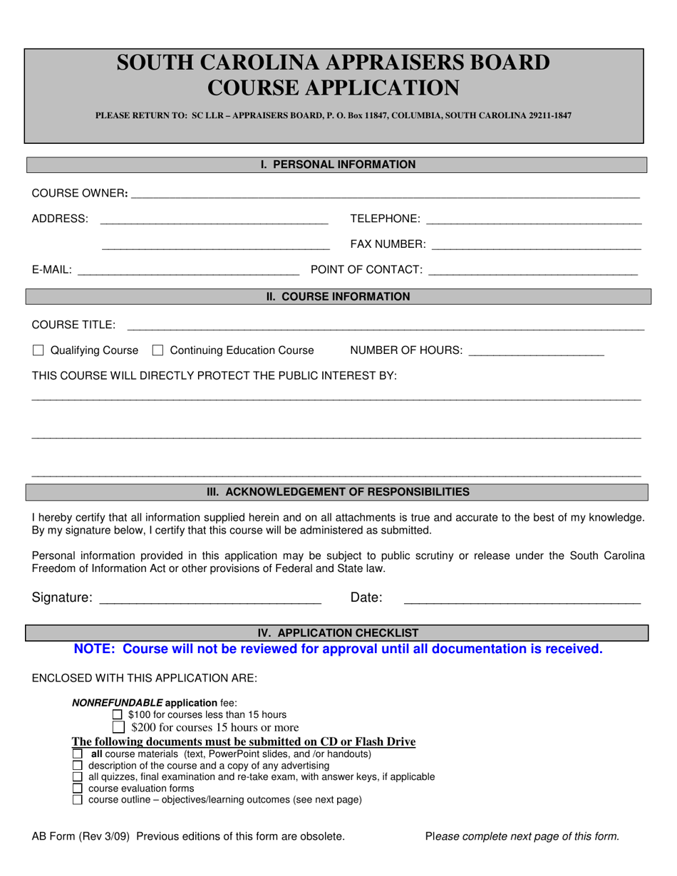 South Carolina Appraisers Board Course Application - Fill Out, Sign ...