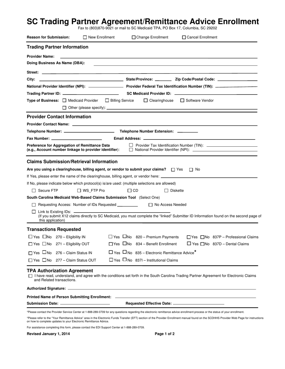 South Carolina Sc Trading Partner Agreement/Remittance Advice ...