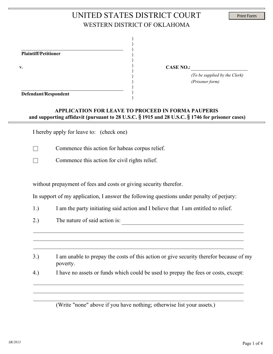 Oklahoma Application for Leave to Proceed in Forma Pauperis and Supporting Affidavit (Pursuant ...