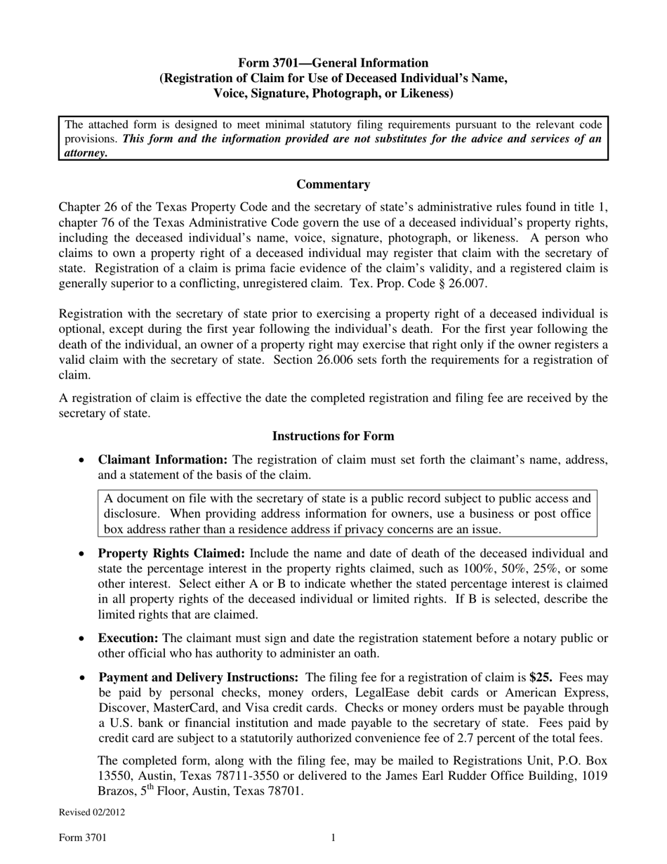 Form 3701 - Fill Out, Sign Online and Download Fillable PDF, Texas ...