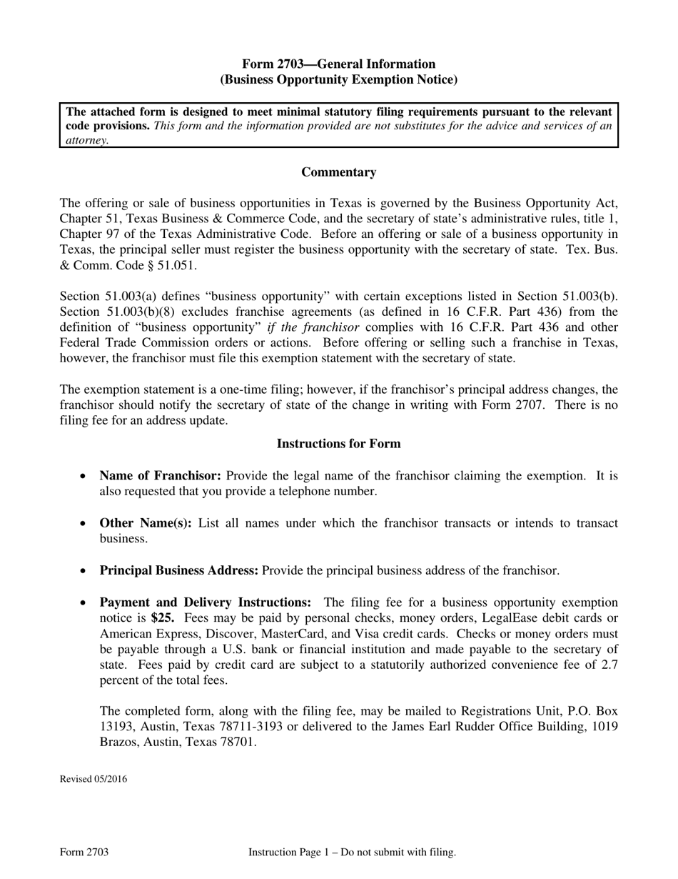 Form 2703 - Fill Out, Sign Online and Download Fillable PDF, Texas ...