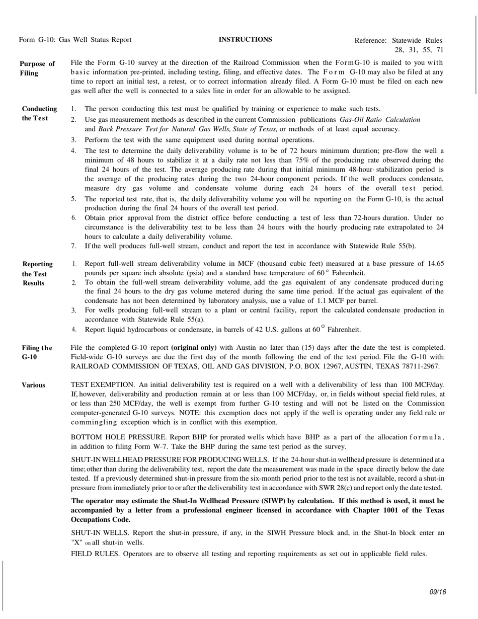 Download Instructions for Form G-10 Gas Well Status Report PDF ...