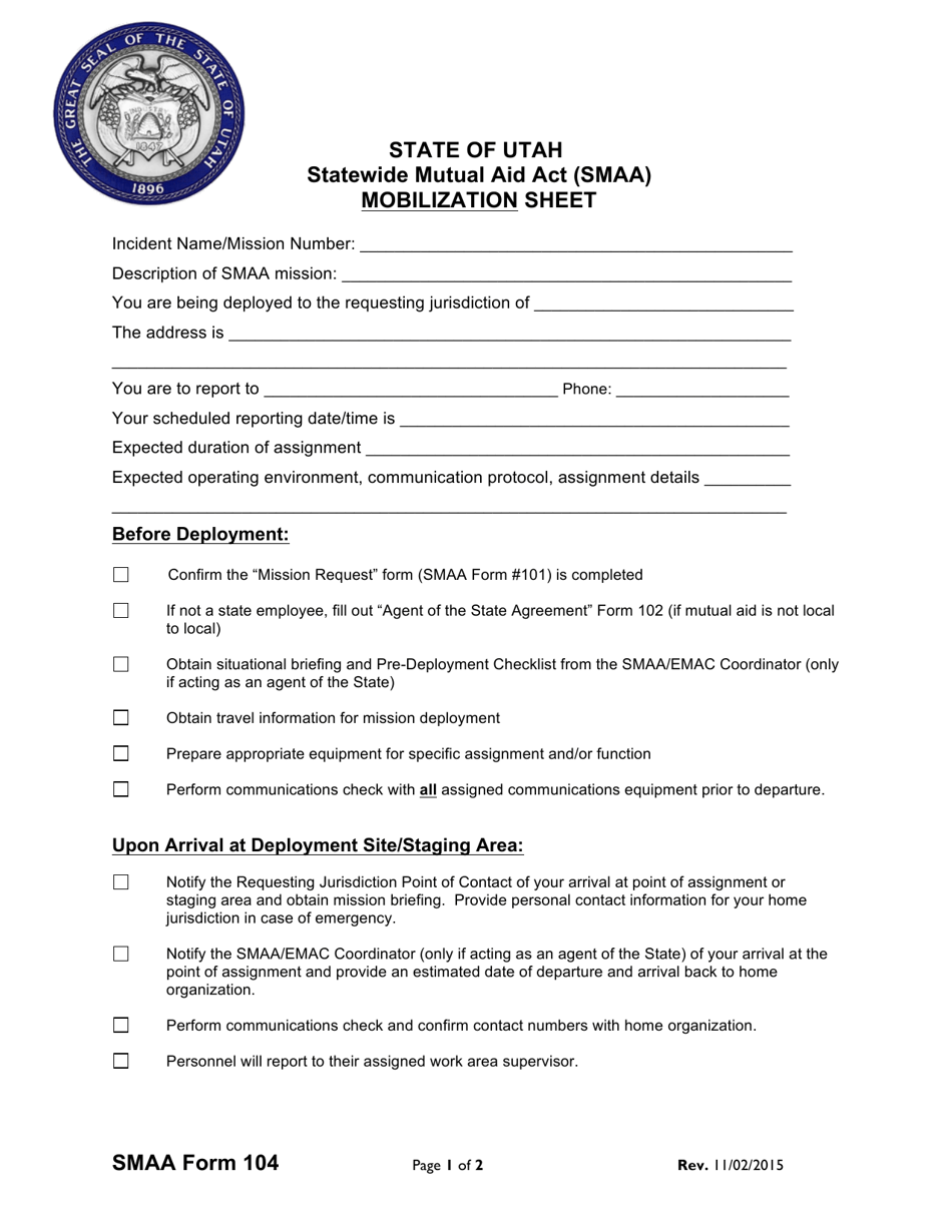 SMAA Form 104 - Fill Out, Sign Online and Download Printable PDF, Utah ...