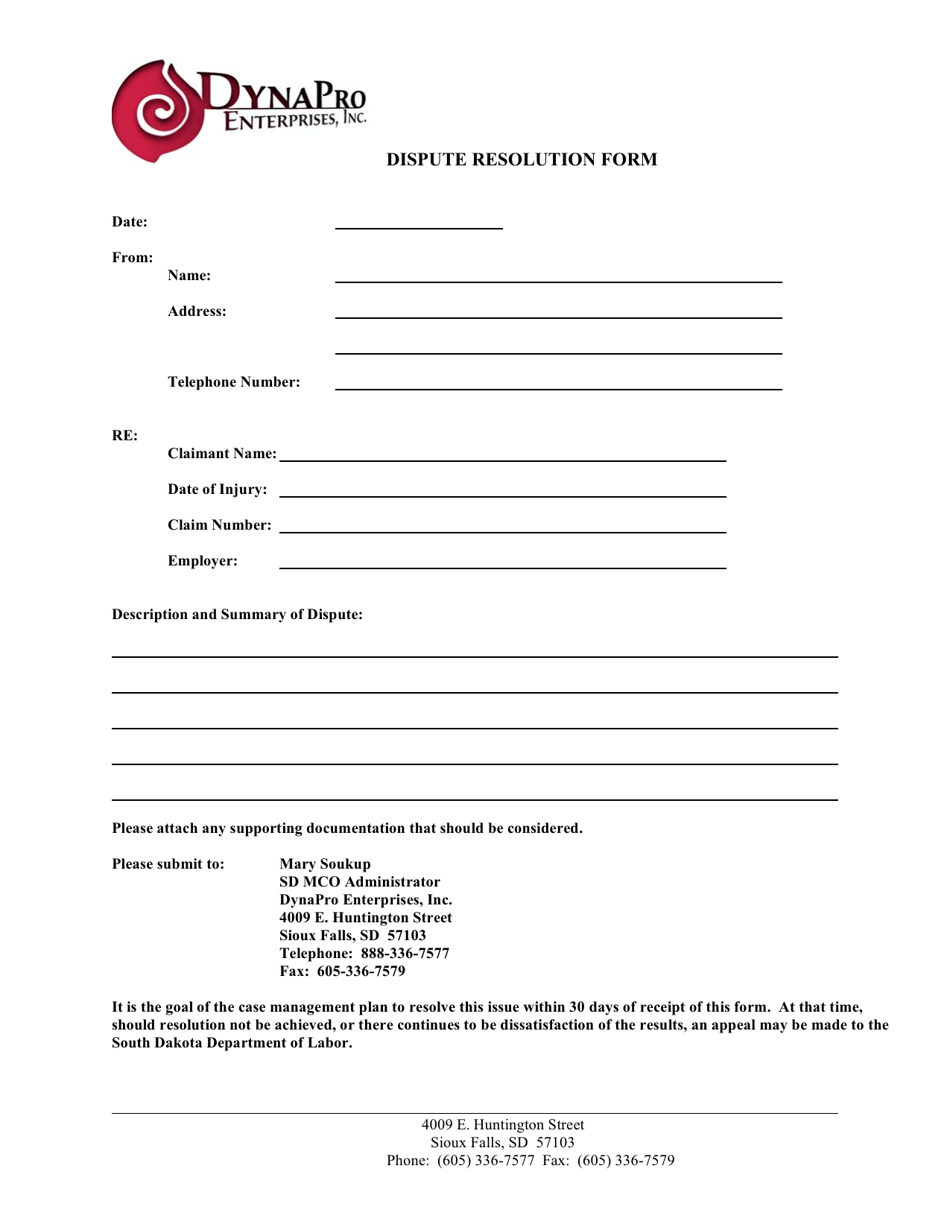 South Dakota Dispute Resolution Form - Dynapro - Fill Out, Sign Online ...