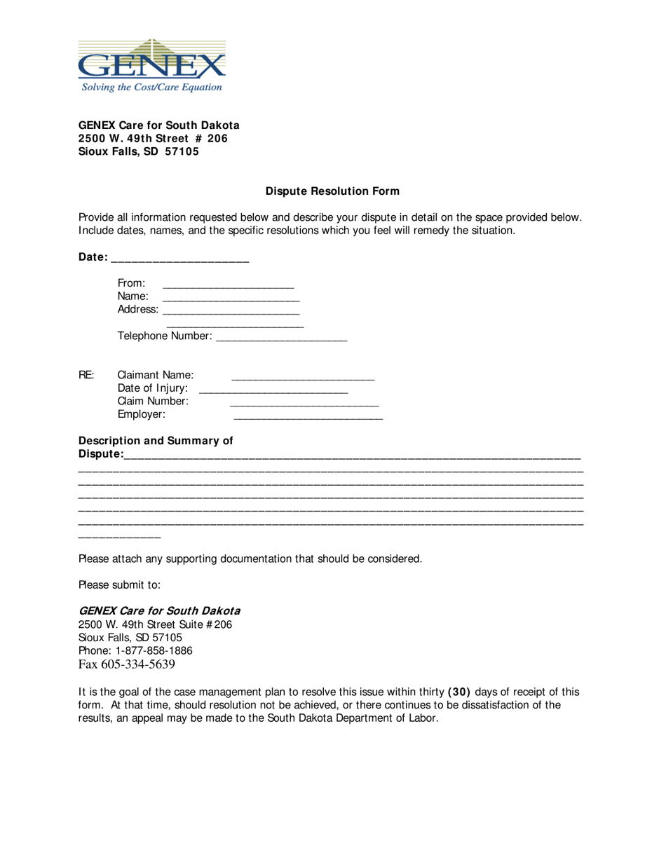 South Dakota Dispute Resolution Form - Genex - Fill Out, Sign Online ...