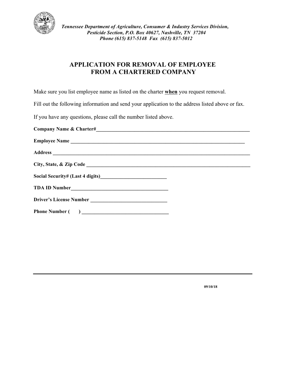 Tennessee Application For Removal Of Employee From A Chartered Company tennessee-application-for-removal-of-employee-from-a-chartered-company