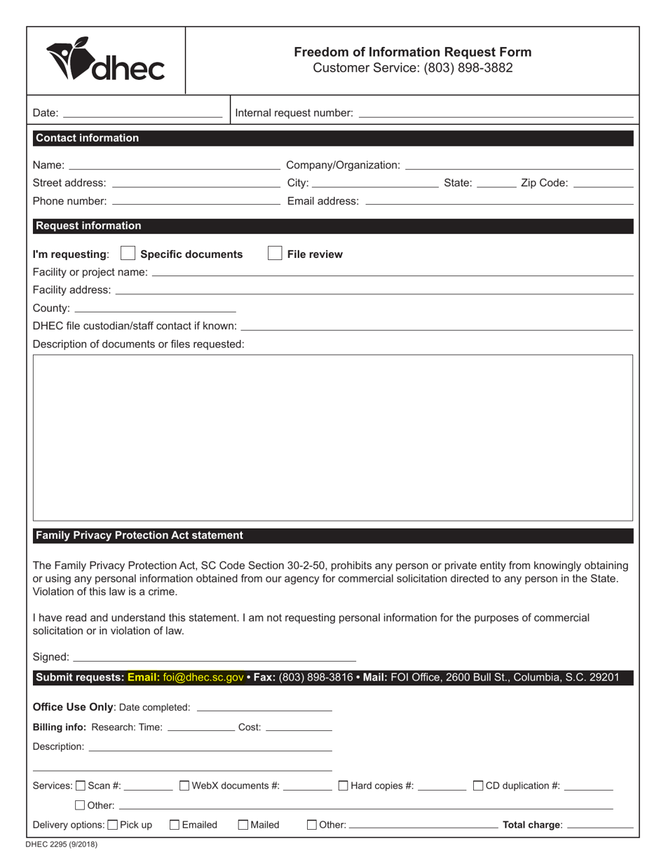 DHEC Form 2295 - Fill Out, Sign Online and Download Fillable PDF, South ...
