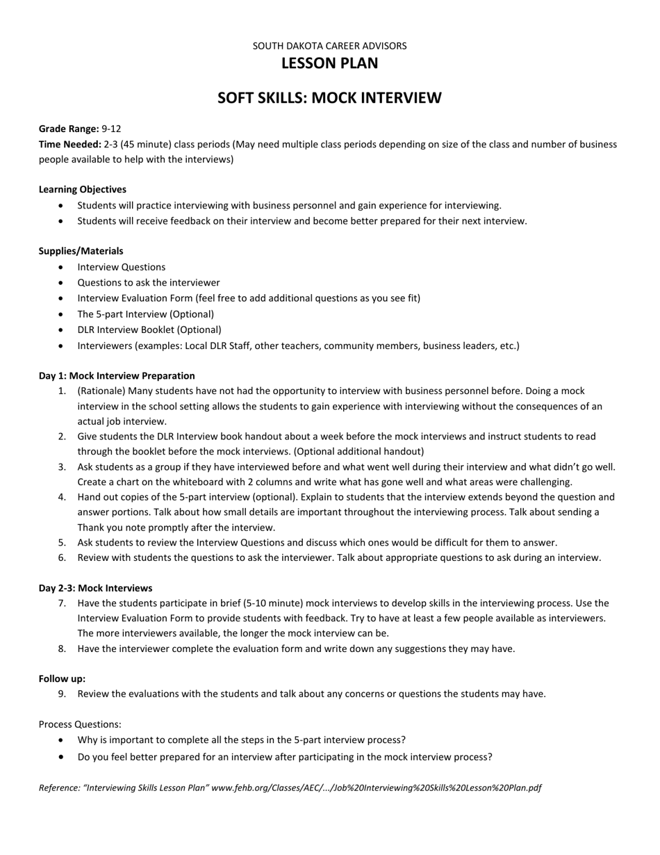 South Dakota Soft Skills: Mock Interview Lesson Plan - Fill Out, Sign ...