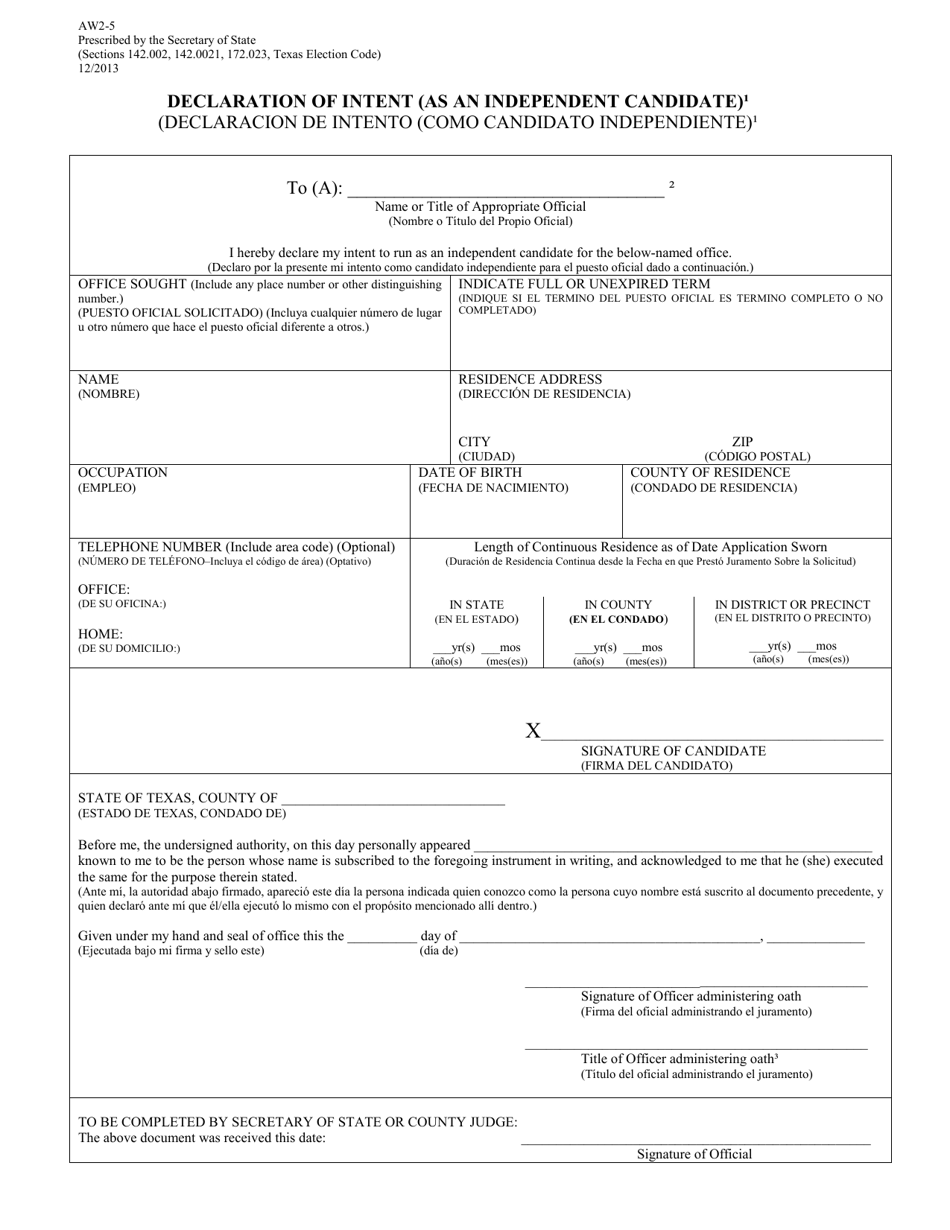 Form AW2-5 - Fill Out, Sign Online and Download Printable PDF, Texas ...