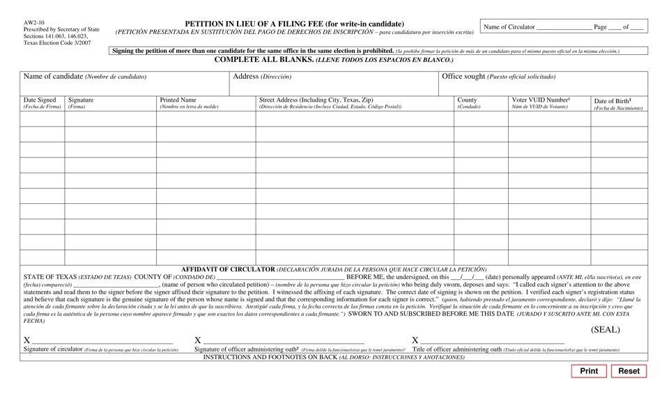 Form AW2-10 - Fill Out, Sign Online and Download Fillable PDF, Texas ...