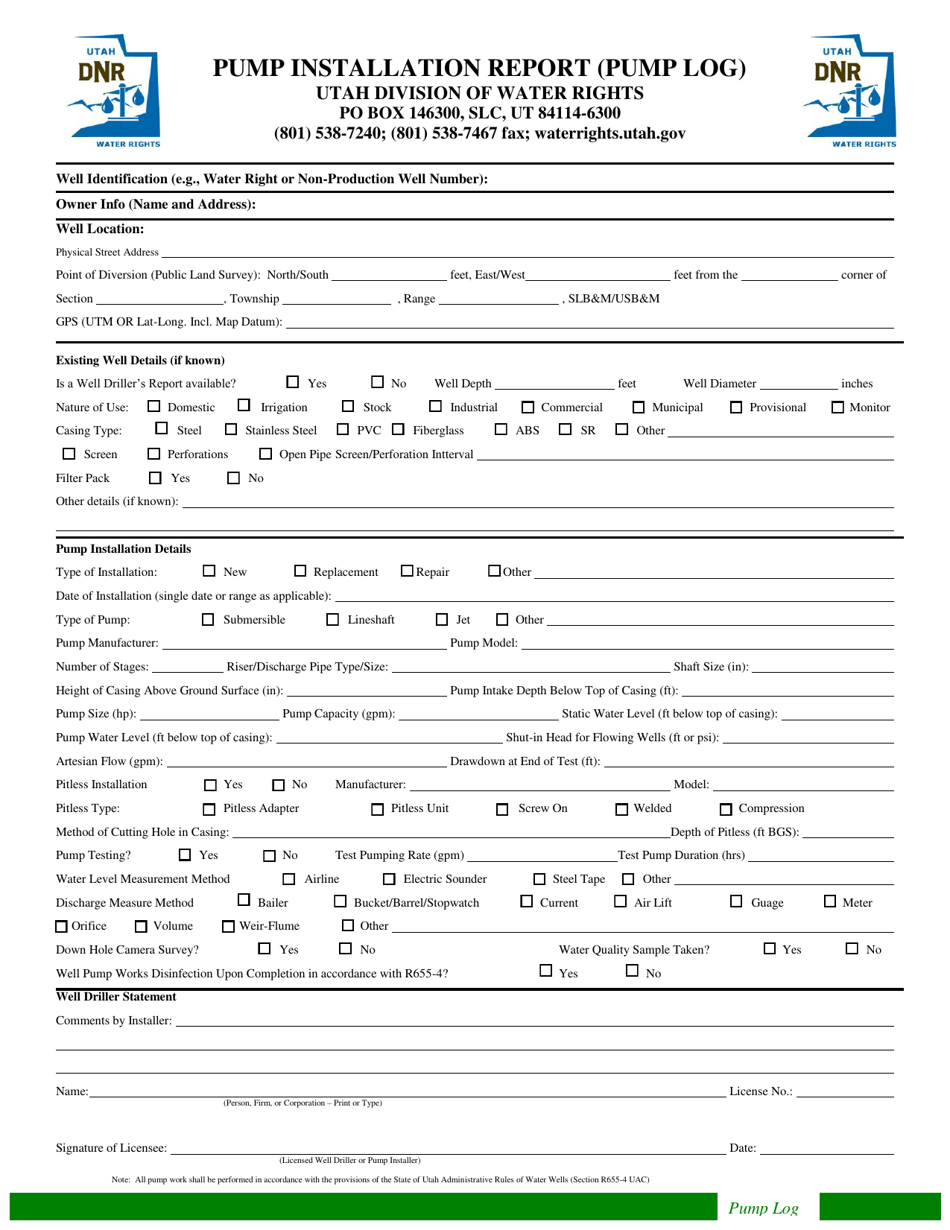 Utah Pump Installation Report (Pump Log) - Fill Out, Sign Online and ...
