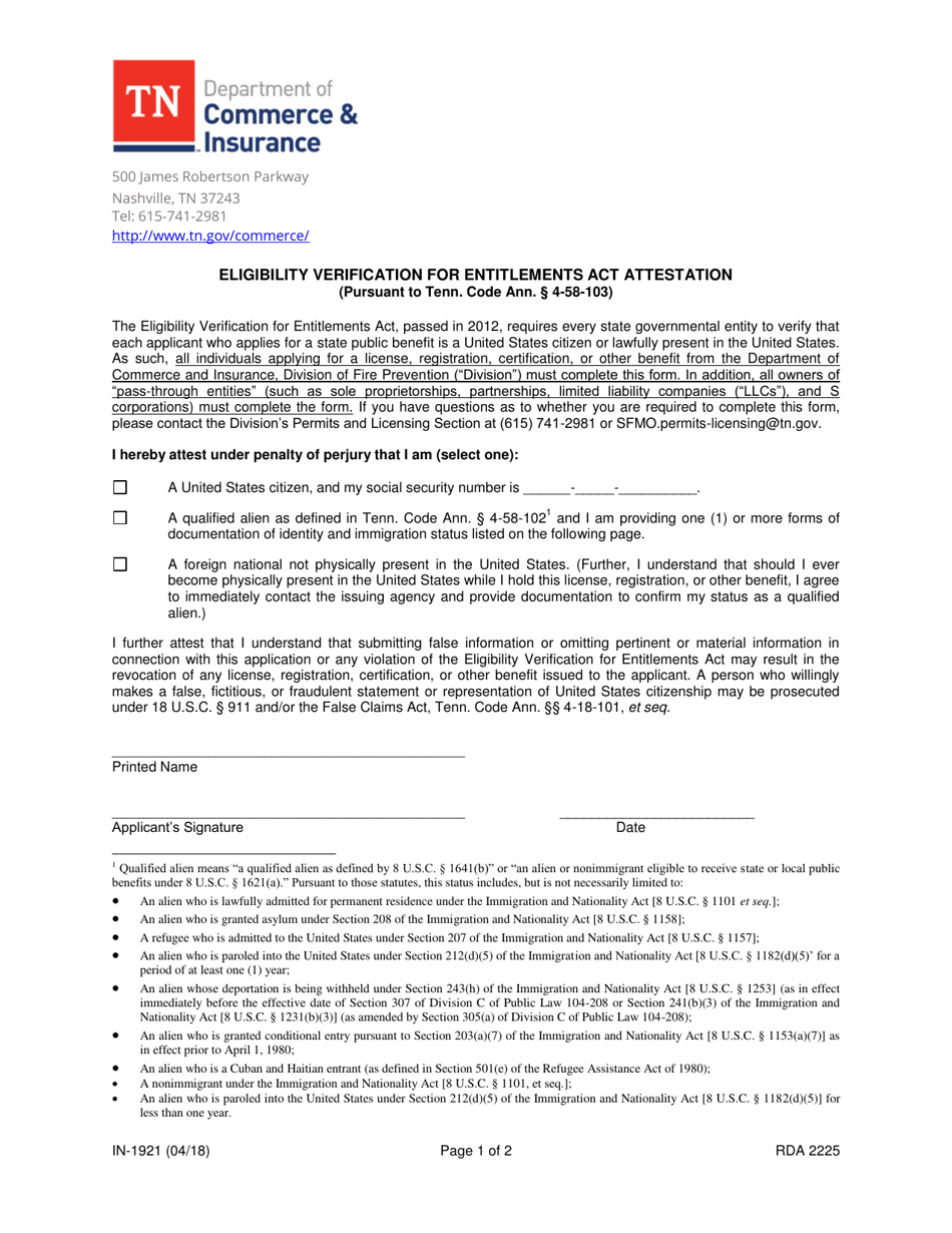 Form IN-1921 - Fill Out, Sign Online and Download Printable PDF ...