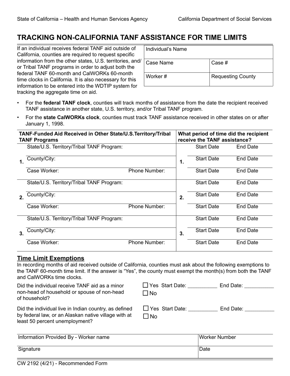 Form CW2192 Download Fillable PDF or Fill Online Tracking Non ...