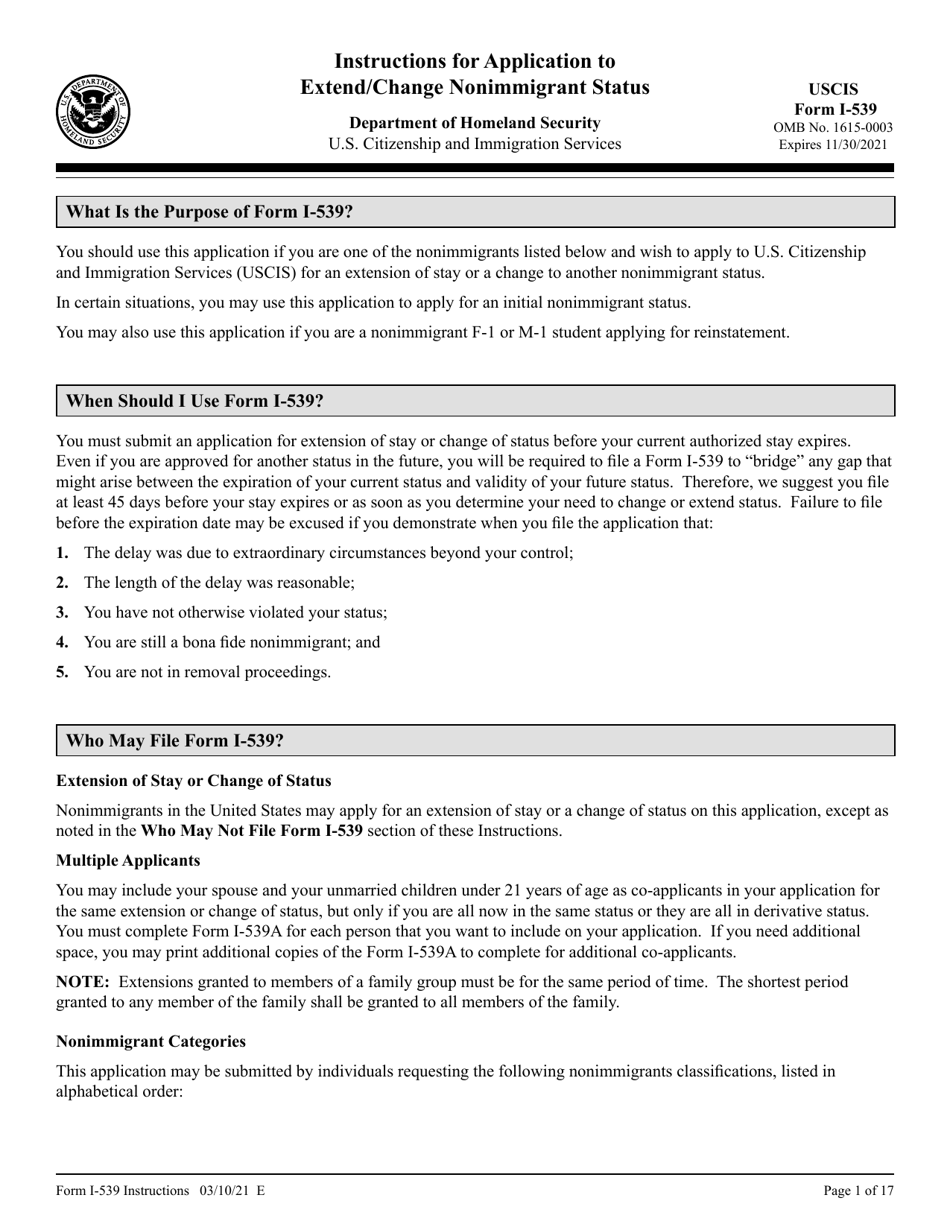 Download Instructions for USCIS Form I-539 Application to Extend/Change ...
