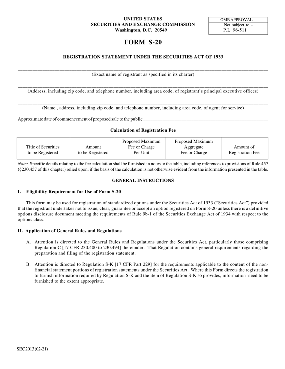 SEC Form 2013 (S-20) - Fill Out, Sign Online and Download Printable PDF ...