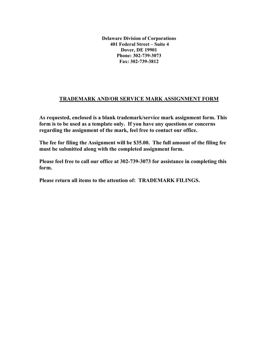 Delaware Trademark/Service Mark Assignment - Fill Out, Sign Online and ...