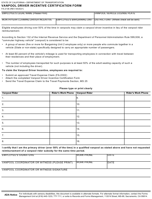 Form FA-2136 Download Fillable PDF or Fill Online Vanpool Driver ...