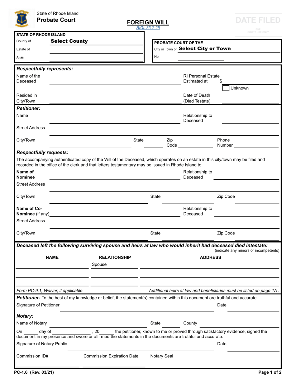 Form PC-1.6 Download Fillable PDF or Fill Online Foreign Will, Rhode ...