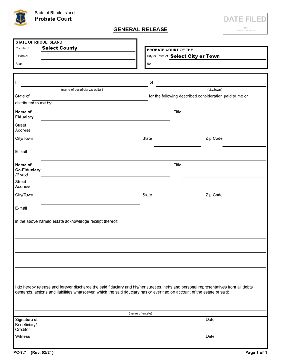 Form PC-7.7 Download Fillable PDF or Fill Online General Release, Rhode ...