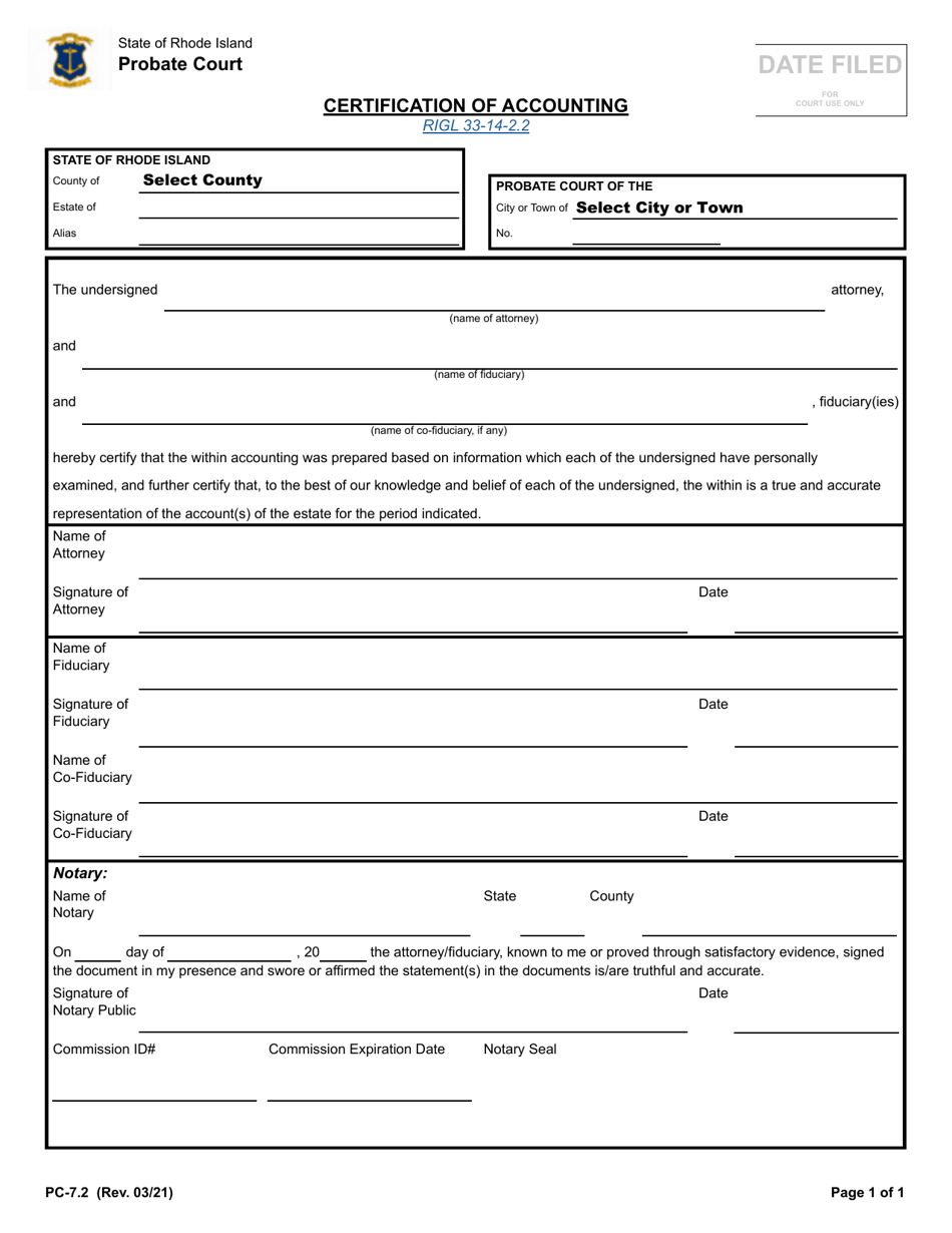 Form PC-7.2 Download Fillable PDF or Fill Online Certification of ...
