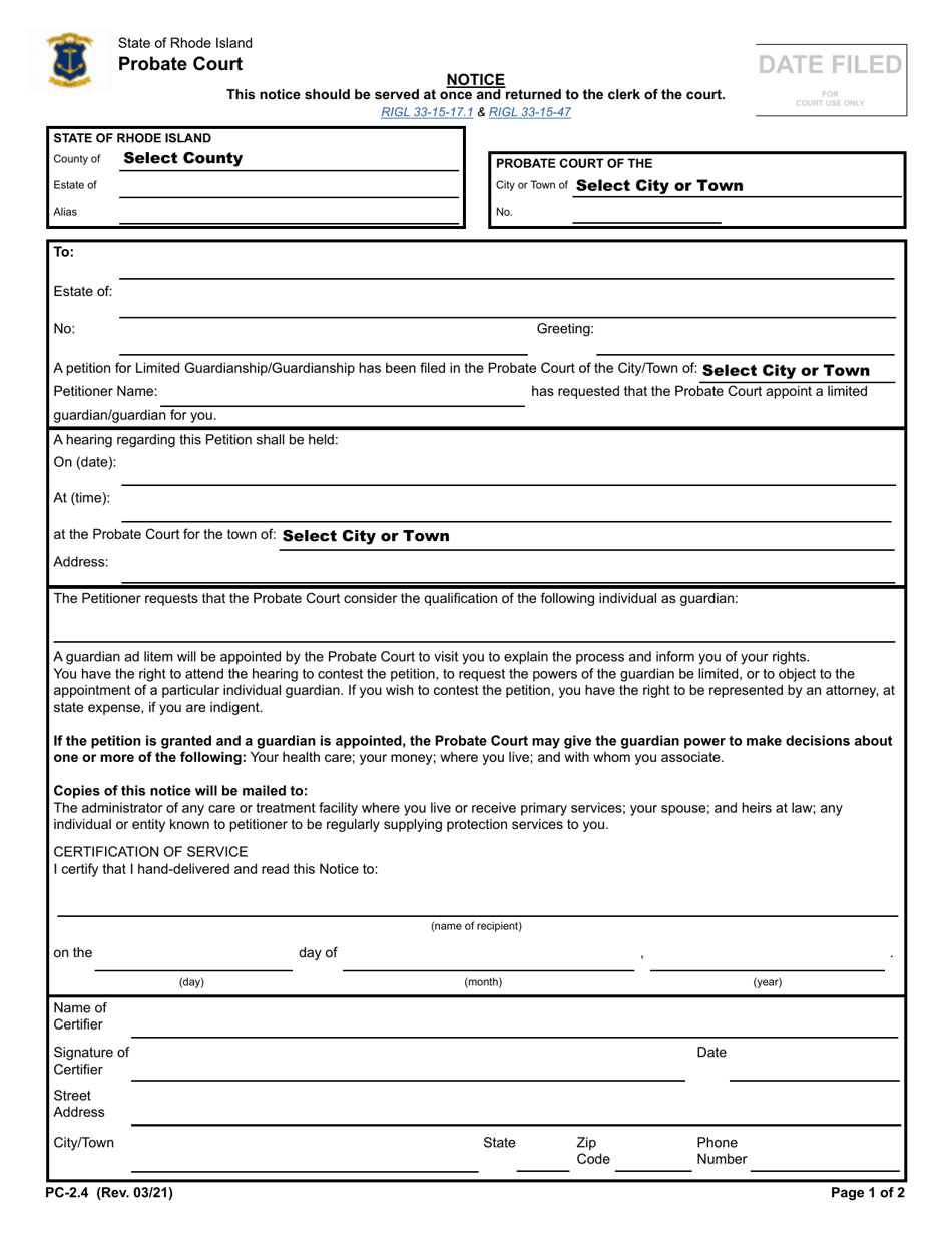 Form PC-2.4 Download Fillable PDF or Fill Online Notice of Limited Guardianship or Guardianship ...