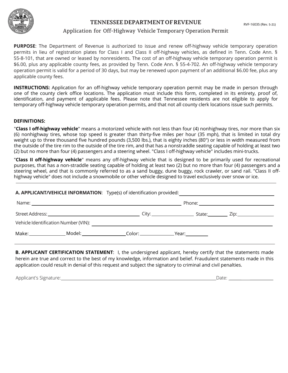 Form RVF-16035 Download Fillable PDF or Fill Online Application for Off ...
